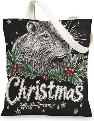 Generic Sac fourre-tout en toile Capybara de No&euml;l pour faire du shopping, 33 x 38,1 cm, sac d&eacute;picerie r&eacute;utilisable pour femme, motif animal de voyage, d&eacute;corat