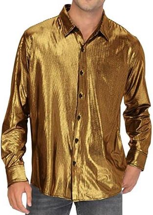 Generic Haut &agrave; paillettes pour hommes : chemise sup&eacute;rieure boutonn&eacute;e chemise d&eacute;contract&eacute;e coupe ajust&eacute;e chemises de haut avec col rabattu chemise &agrave; manches lo