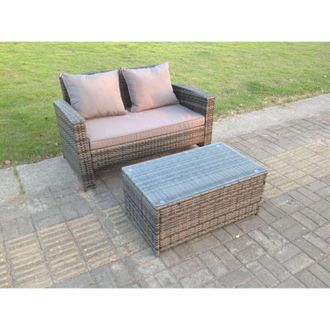 Fimous Gris fonc&eacute; Dossier haut Ensemble de meubles de jardin en rotin Canap&eacute; damour 2 Places ave Oblong Table basse - Fimous