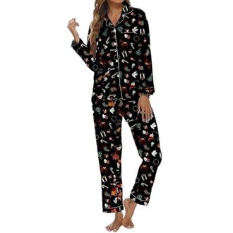 Generic Ensemble de pyjama de Noël 2 pièces en satin de soie pour femme - Imprimé graphique amusant - Haut à manches longues boutonné et pantalon doux, T Noir