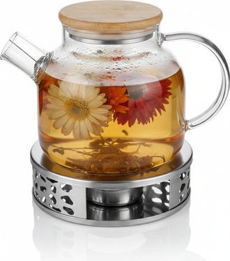 Arendo Teekanne aus Glas mit St&ouml;vchen - Bambusdeckel - inklusive Edelstahlst&ouml;vchen - Fassungsverm&ouml;gen 1,4 Liter - hitzebest&auml;ndig - mit Siebeinsatz f&uuml;r Bl&uuml;ten