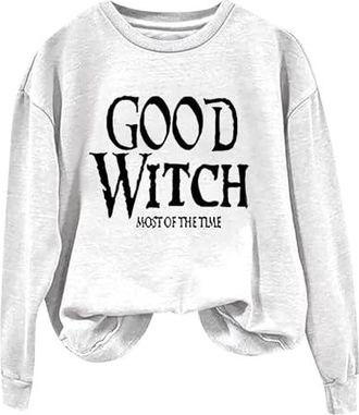 Generic Sweat à capuche Witch In All Of Us. Femme Monogramme Imprimé Halloween Sorcière Col Rond Sans Capuche Sweat à Capuche Doux Hoodie Femme Long, B1 blanc