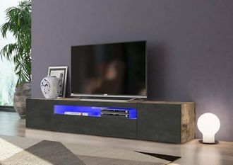 Dmora TV-Schrank Jesse, niedriges Wohnzimmer-Sideboard mit 3 Türen, Fernsehständer-Basis, 100 % Made in Italy, 200 x 40 x 37 cm, Ahorn und Schiefer, mit LED