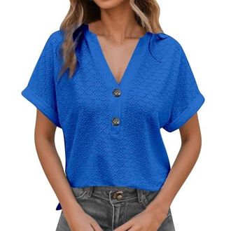 Generico Chemisier d&eacute;t&eacute; &eacute;l&eacute;gant &agrave; manches courtes pour femme avec col en V et boutons, bleu, XXL