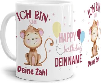 Tassendruck Tasse zum Geburtstag für Mädchen mit süßem Tiermotiv AFFE - personalisierbar mit Name und Alter - Weiß, hochwertige Keramik, 300 ml