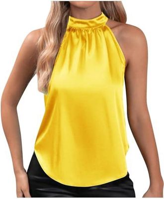 Generic Halterneck Top Satin Femme &Eacute;l&eacute;gant Grandes Tailles Mince Gilet Femme &Eacute;t&eacute; Sans Manches D&eacute;bardeur Ample T-shirts Sans Manches Camisole Tops A&eacute;r&eacute; D&eacute;barde