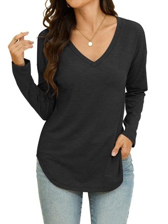 Onsoyours Damen V-Ausschnitt Tshirt Langarm Pullover Herbst Winter Oberteile Casual Longshirt Basic Tops A Schwarz XL