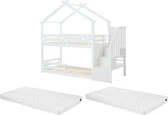 Vente-Unique Hochbett Hausbett - 90 x 190 cm - Kiefer & MDF + Matratze - Wei&szlig; - TALETY