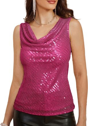 Grace Karin Festival Sparkle Shimmer Weste mit Wasserfall-Auschnitt Sexy Elegant Ärmelloses Schmale Passform Party Top Rosarot M
