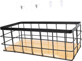 Valiclud Schwarz Geflochtener Korb Aus Eisen Mit Holzbrett Als Aufbewahrungsbeh&auml;lter F&uuml;r Tischdekoration Und Organisation Kleiner Gegenst&auml;nde