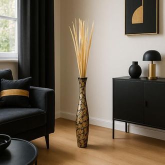 Leewadee Leewadee Grand Vase A Poser Au Sol pour Branches D&eacute;coratives De Pampa, Vase en Bois De Manguier, 65 cm, Dor&eacute;