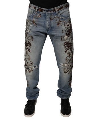 Dolce & Gabbana Mens Light Blue Embroidered Skinny Denim Jeans Cotton Clothing