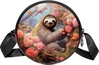 Generic Sac &agrave; bandouli&egrave;re rond pour femme, motif paresseux et fleurs, petit sac &agrave; bandouli&egrave;re avec fermeture &eacute;clair, bretelles r&eacute;glables, sac &agrave; main rond d&eacute;co