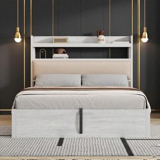 Generic Bettrahmen 140x200 cm mit hydraulischem Stauraum & USB - Vintage-Design aus Holz/Metall - Gepolstertes Kopfteil, wei&szlig; - Modernes Doppelbett mit verste