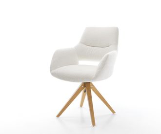 DELIFE Drehstuhl Yago-Flex mit Armlehnen Boucl&eacute; Creme-Wei&szlig; Holzgestell kantig Natur 180&deg; drehbar Taschenfederkern, Esszimmerst&uuml;hle