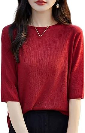 Generic Pull en Laine M&eacute;rinos &Agrave; Manches 3/4 pour Femme, Haut sans Couture, Doux Et Chaud, L&eacute;ger, &Eacute;l&eacute;gant, D&eacute;contract&eacute;, Printemps, Automne, Hiver, Bordeaux, Ta