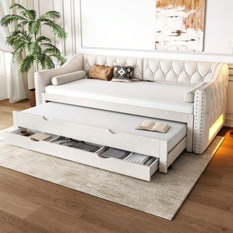 Generic Gepolstertes Tagesbett 90x200 cm beige - Mit LED-Beleuchtung, ausziehbarem Bett und 3 Aufbewahrungsschubladen (ohne Matratze)