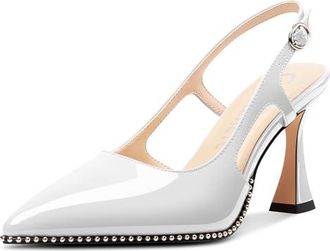 Castamere Femmes Slingback Bloc Chunky Haut High Talon Heel Ferm&eacute; Pointu Bout Escarpins Dress Mariage Party Chaussures 9 CM Heels Blanc 36 EU