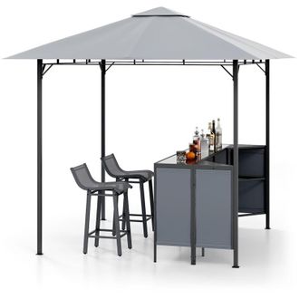 Costway Tonnelle de Bar de Patio en 3 Pi&egrave;ces 245 x 245 CM avec 2 Tabourets de Bar, Abri Barbecue Double Toit Table de Bar Porte-Verres &agrave; Vin, Gris