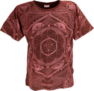Guru Shop Tibet & Buddhist Art T-Shirt, Flower of Life Mandala Stonewash T-Shirt - Weinrot, Herren, Baumwolle, Size:XXL