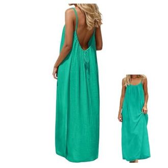 Generic Womens Solid Color Backless Cami Dress,Adjustable Sleeveless Spaghetti Strap Flowy Maxi Sundress Tie Back Beach Vacation Outfit (Green,Grand)