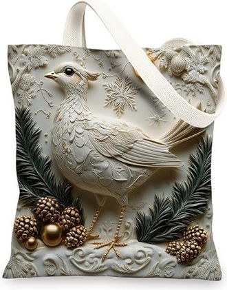 Generic Sac fourre-tout en toile motif caille de No&euml;l pour le shopping 33 x 38 cm, sac d&eacute;picerie r&eacute;utilisable de No&euml;l pour femme, peinture dhiver, d&eacute;coration 