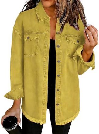Generic Veste d&eacute;contract&eacute;e en jean &agrave; manches longues pour femme avec ourlet effiloch&eacute;, jaune, XXL