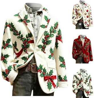 Generic Veste de costume de Noël en velours côtelé pour homme - Blazer amusant à manches longues et revers boutonné - Tenue de Noël décontractée - Vêtement de
