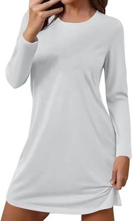 Generic Chemise de nuit en coton &agrave; manches longues pour femme, chemise de nuit courte en coton &agrave; col rond, v&ecirc;tements de nuit amples confortables, v&ecirc;tements de