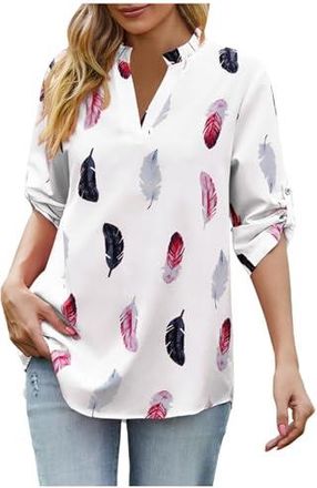 Generic 2024 Femmes Automne Nouvelles Femmes Col V Imprimé Plumes Chemise Ample à Quatre Manches Chemise Ample T-shirt Imprimé, Blanc., XL