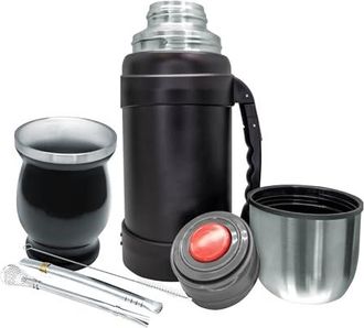 Nerthus Kitchenware FIH 1596 Mate-Set mit doppelwandigem Edelstahlbecher 250 ml + zwei Pfeifenlampen f&uuml;r Mate mit Reinigungsb&uuml;rste + Thermoskanne aus Edelstahl, 1300 ml