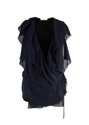 Lanvin Black and Navy Wrap Blouse with Frill Detail Size S