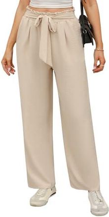 iClosam Pantalon Large Femme Vintage Pantalon Lin Femme Chic Pantalon Fluide Femme Taille Haute Pantalon Ample Femme avec Ceinture et Poches Beige-XXL