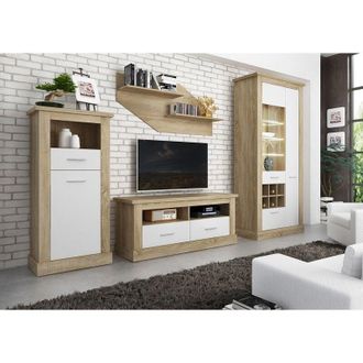 PEGANE Ensemble de salon meuble TV + vitrine avec LED + Etagère murale + buffet coloris chêne cambrian, blanc -PEGANE