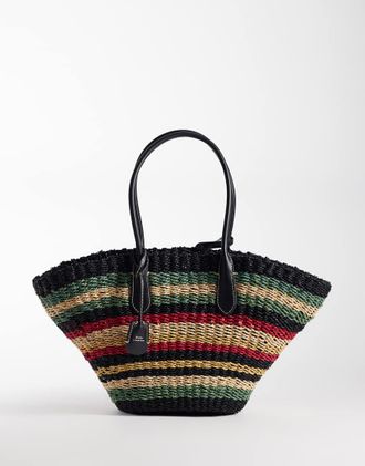 Polo Ralph Lauren sac de plage en raphia ray&eacute; avec finitions en cuir multicolore-Marron