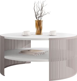 Mirjan24 Couchtisch mit Ablage Fahugin, Runde Form, Beine aus Metall, Kaffeetisch, Wohnzimmertische, Beistelltisch, Sofatisch, Teetisch (Arktisches Weiß/Cashme