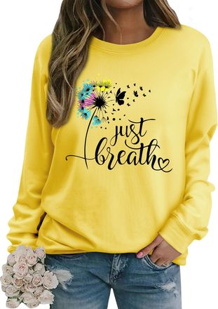 Dresswel Damen Löwenzahn Sweatshirt Langarmshirt Just Breath Pusteblume Schmetterling Drucken Pullover Herbst Winter Bluse Tops Oberteile