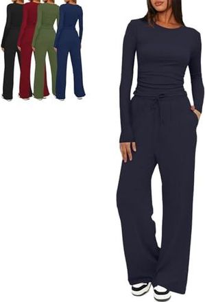 Generic Ensemble d&eacute;contract&eacute; pour femme T-shirt fronc&eacute; et pantalon &agrave; cordon de serrage, K, XXL