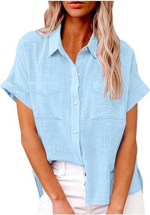 Generic Chemisiers en coton et lin pour femme 2026 boutonn&eacute;s enroulables &agrave; manches courtes T-shirt de plage d&eacute;contract&eacute; ample avec double poches, bleu, XXL