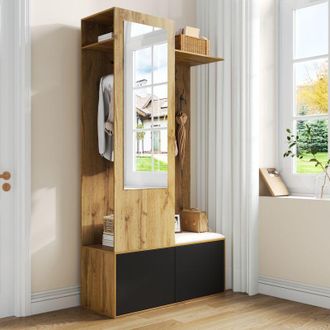 STILVORA Meubles Dentr&eacute;e avec 5 Crochets, Miroir, 2 Meubles &agrave; Chaussures et Banc, Style Moderne, en MDF, Noir Et Naturel, 100&times;38&times;191 cm