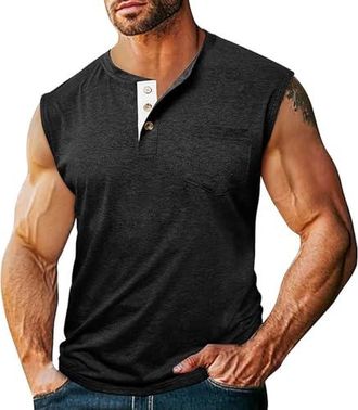 Generic T-shirts sans manches pour hommes, d&eacute;bardeur Henley avec boutonni&egrave;re, d&eacute;bardeur l&eacute;ger et doux avec col en V et poche, col montant d&eacute;contract&eacute;, t-shirt