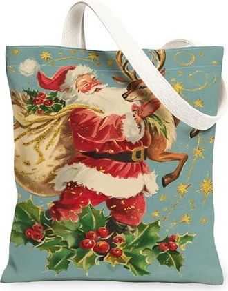 Generic Sac fourre-tout vintage en toile motif cerf de vacances r&eacute;tro, sacs &agrave; provisions r&eacute;utilisables, l&eacute;gers et lavables avec bandouli&egrave;re, Bleu, 13x15 Inch