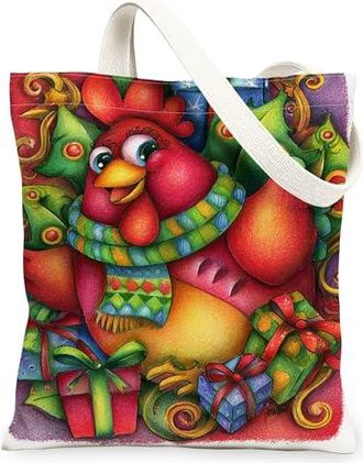 Generic Sacs fourre-tout en toile motif volaille de No&euml;l, sacs d&eacute;picerie r&eacute;utilisables, r&eacute;tro l&eacute;gers et lavables, color&eacute;, 13x15 Inch