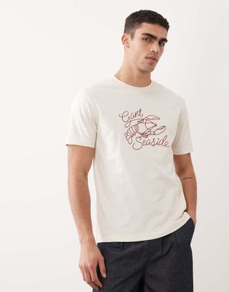 GANT T-Shirt in Creme mit Kettenstich-Stickerei im Hummer-Design-Neutral