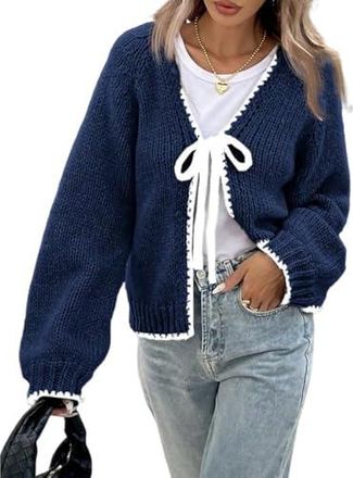 Generic Cardigan ouvert sur le devant avec noeud papillon et col en V, cardigan tendance pour femme avec noeud &agrave; nouer sur le devant, bleu, XL