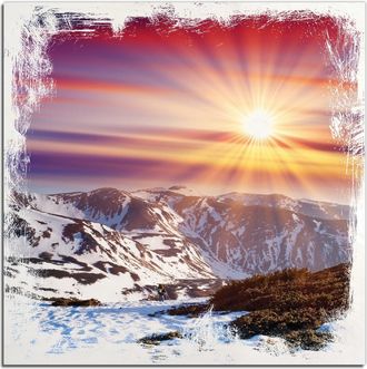 Wallario Wandbild aus Holz Farbenfroher Sonnenuntergang im Winter - Schnee in den Bergen - 40 x 40 cm in Premium-Qualität: Brillante Farben