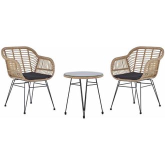 Beliani Balkonset Nat&uuml;rlich Rattan 2 Sessel mit Armlehnen Runder Tisch Sicherheitsglas Auflagen Schwarz Stahlgestell Terasse Balkon Garten Boho
