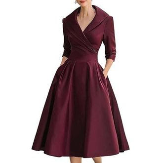 Generic Robe de soirée plissée en satin à manches longues et col en V pour femme, Rouge, XL