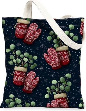 Generic Sacs fourre-tout dhiver en toile, moufles confortables et motif eucalyptus, sacs de courses r&eacute;utilisables, rustiques, festifs, l&eacute;gers et lavables pour