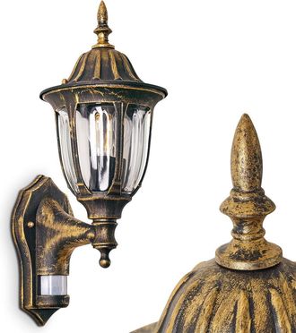 HOFSTEIN Außenwandleuchte Ribadeo m. Bewegungsmelder, Wandlampe aufwärts in antikem Look, Aluguß in Braun/Gold m. Klarglas-Scheiben, Wandleuchte für Terrasse/H